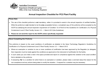 Annual Inspection Checklist for PC2 Plant Facility | Office of the Gene ...