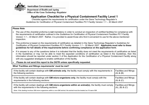 Application Checklist for a Physical Containment Facility Level 1 ...