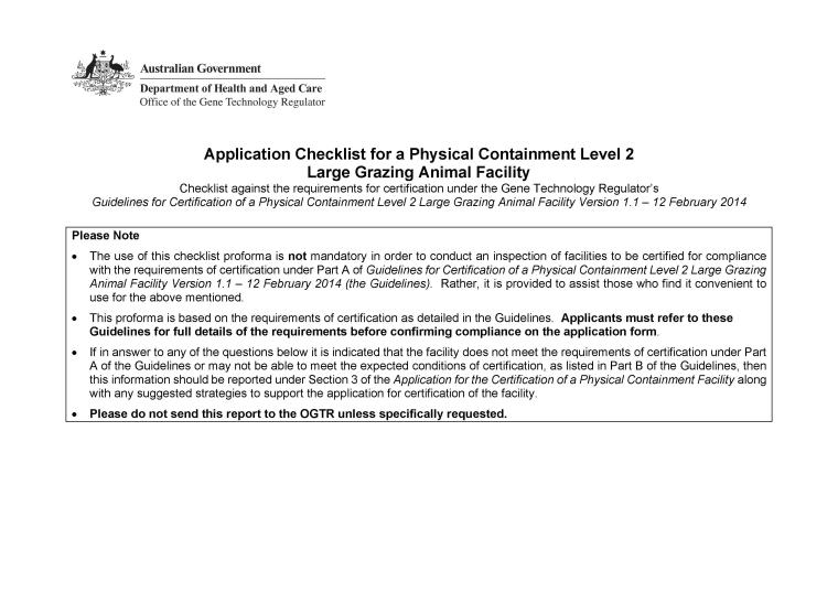 Application Checklist for a Physical Containment Level 2 Large Scale ...